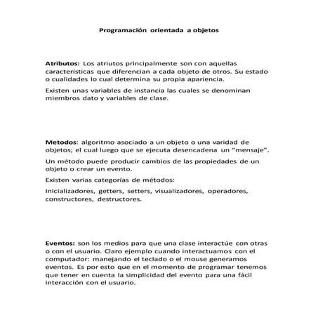 Programación orientada a objetos atributos metodos y eventos | DOCX