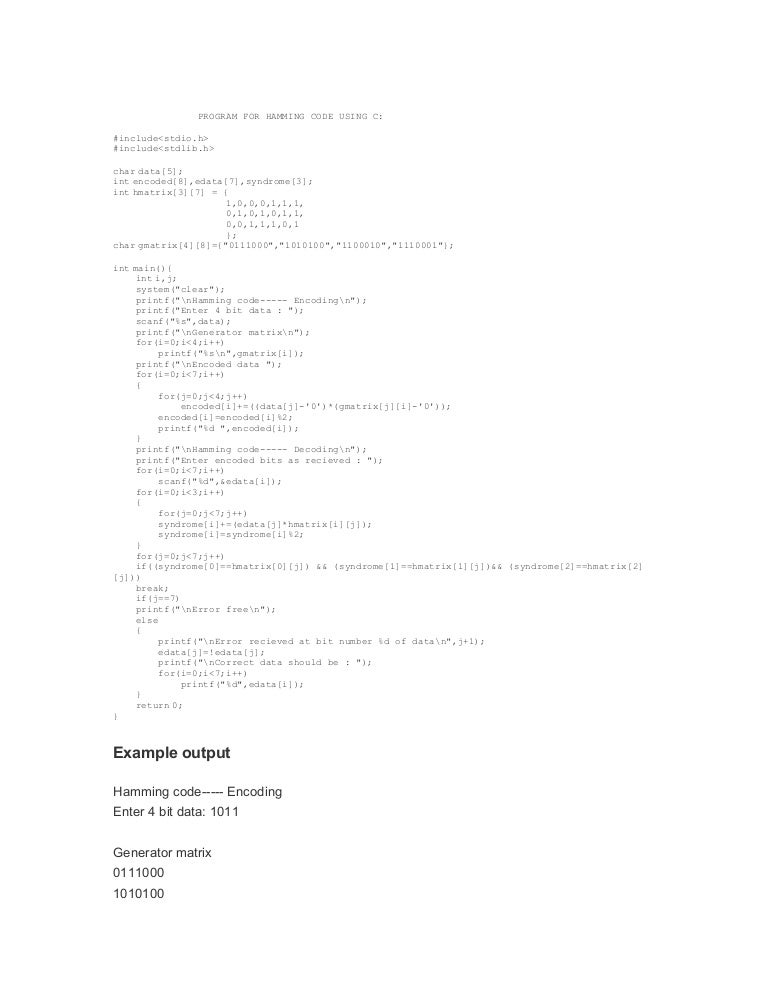 Program for hamming code using c