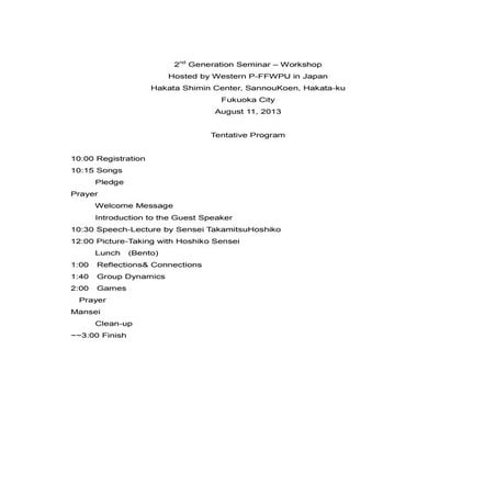 Program for the 2nd generation Seminar – Workshop P-FFWPU West Japan | DOCX