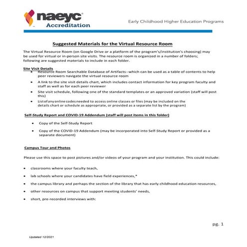 Program guidance for virtual site visit resource room | PDF