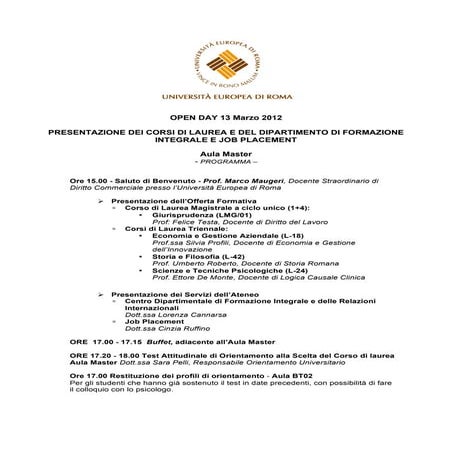 Programma open day 2012 universita europea di roma | PDF