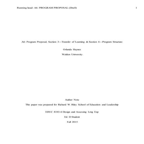 EDUC 8103-6: A6: Program Proposal Section 3: Transfer of Learning | DOCX