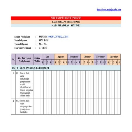 Program Semester (Promes) Seni Tari Kelas 8 SMP Fase D | DOCX