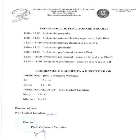 Conducerea școlii - Programul de funcționare | PDF