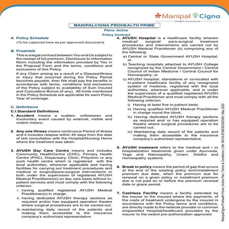 A Closer Look at the Core Elements of the ProHealth Prime Active Plan with Manipal Cigna | PDF