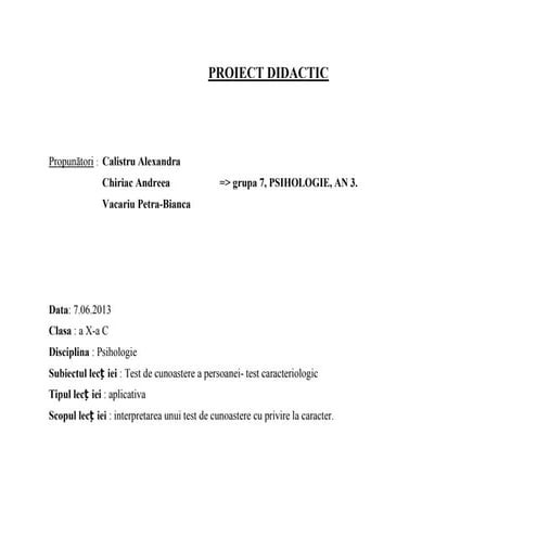 Proiect didactic test caracter | DOCX