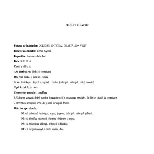 Proiect didactic clasa a 8 a | DOCX