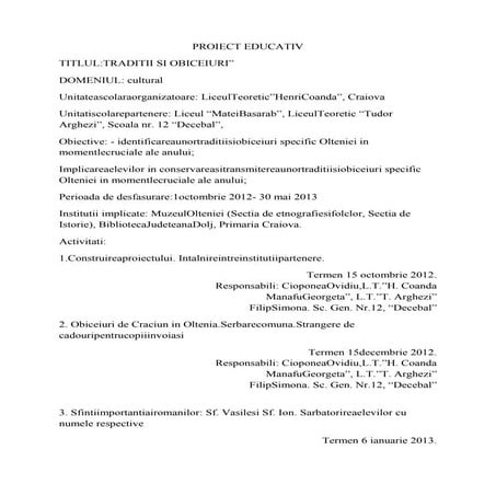 Proiect educativ traditii si obiceiuri | DOCX