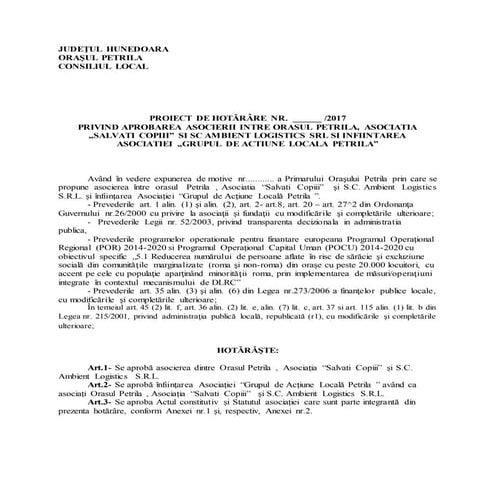 Proiect hcl infiintare gal + act constitutiv , statut | DOCX