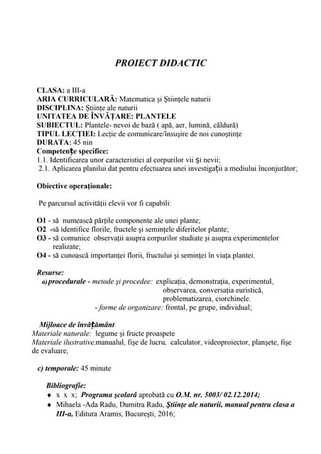 Proiect didactic plantele | DOC