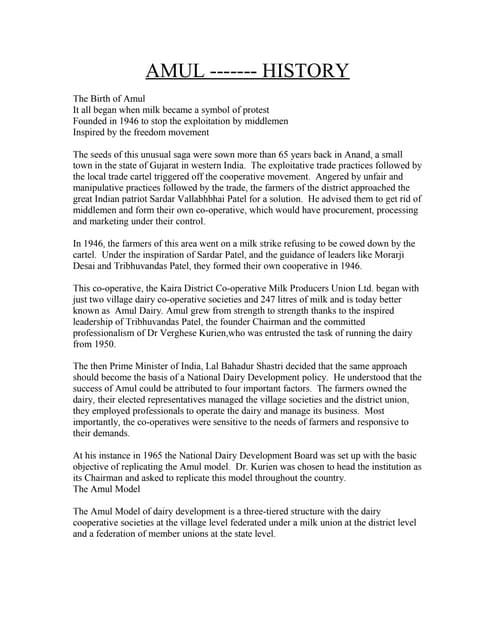 amul. introduction and history | DOCX | Agriculture | Industries