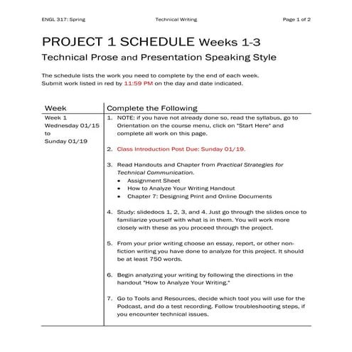 Project1 schedule engl317_spring | PDF