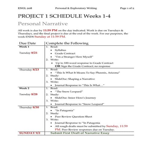 Project 1 schedule weeks 1 4 | PDF