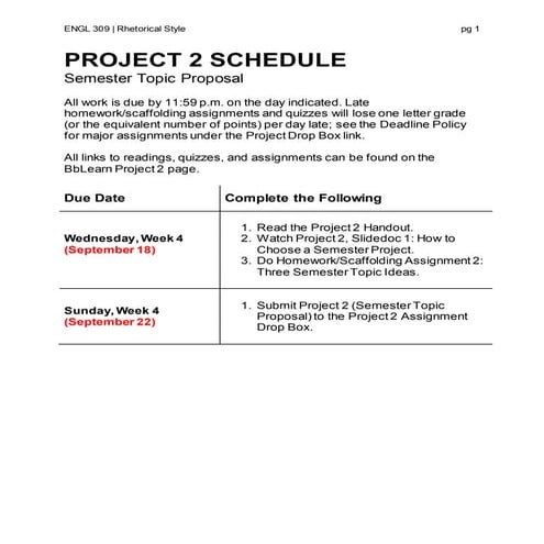 ENGl 309 Online FA19 Project 2 Schedule | DOCX