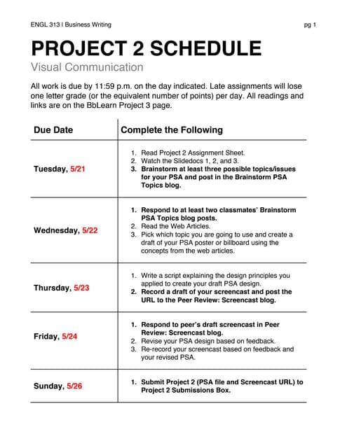 OnlineProject2_Schedule_Engl313_Spring2019 | PDF