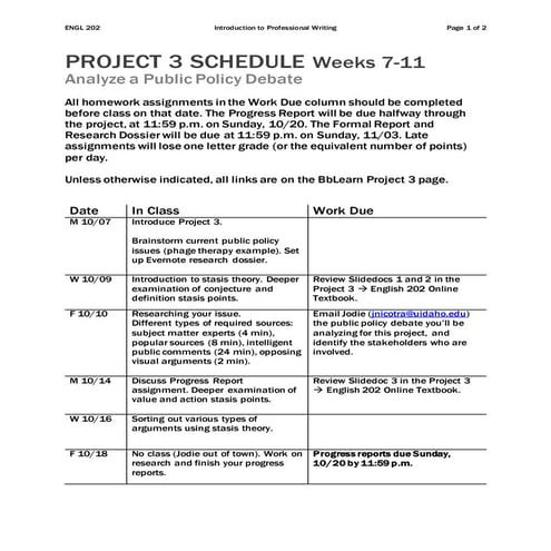 ENGL 202 F2F Project 3 Schedule | PDF