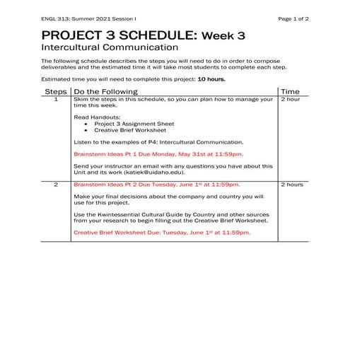 Project3 schedule steps_engl313_summer2021 | PDF | Homework and Study | Education