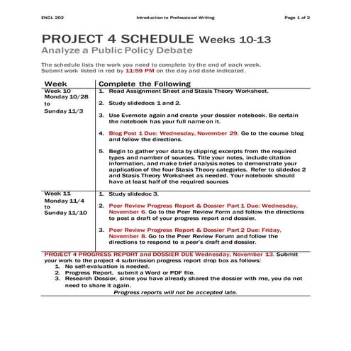 ENGL 202, Project 4 Schedule | PDF