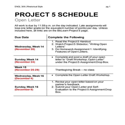 ENGL 309 Online FA19 Project 5 Schedule | DOCX