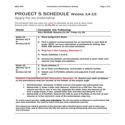 ENGL 202 Project 5 Schedule | DOCX