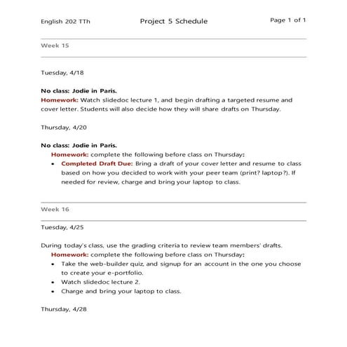 Project 5 Schedule, ENGL 202 | DOCX | Homework and Study | Education