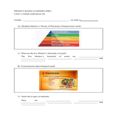 Project based learning unit 5 food and health | PDF