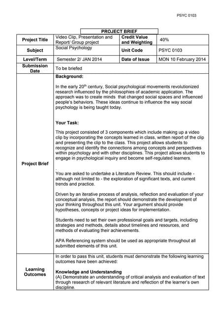 Psychology final Project brief Video Clip, Presentation and Report ...