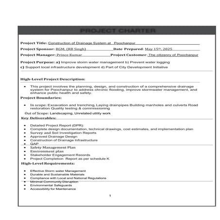 Project charter on construction of drain on a town and covering all ...
