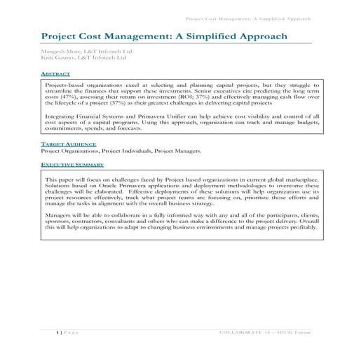 Project cost management a simplified approach white paper - Oracle ...