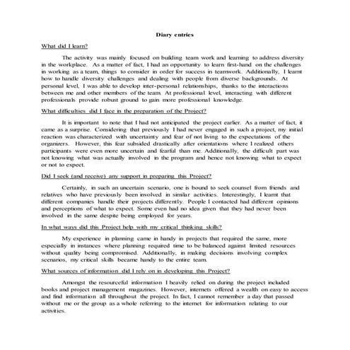 Project diary | DOCX | Resume Writing and Advice | Job Search