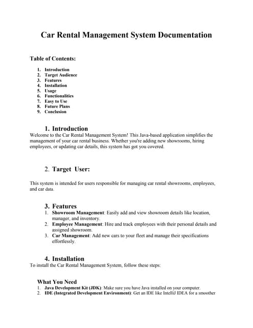 Java Car Rental Management System Project Doc Docx