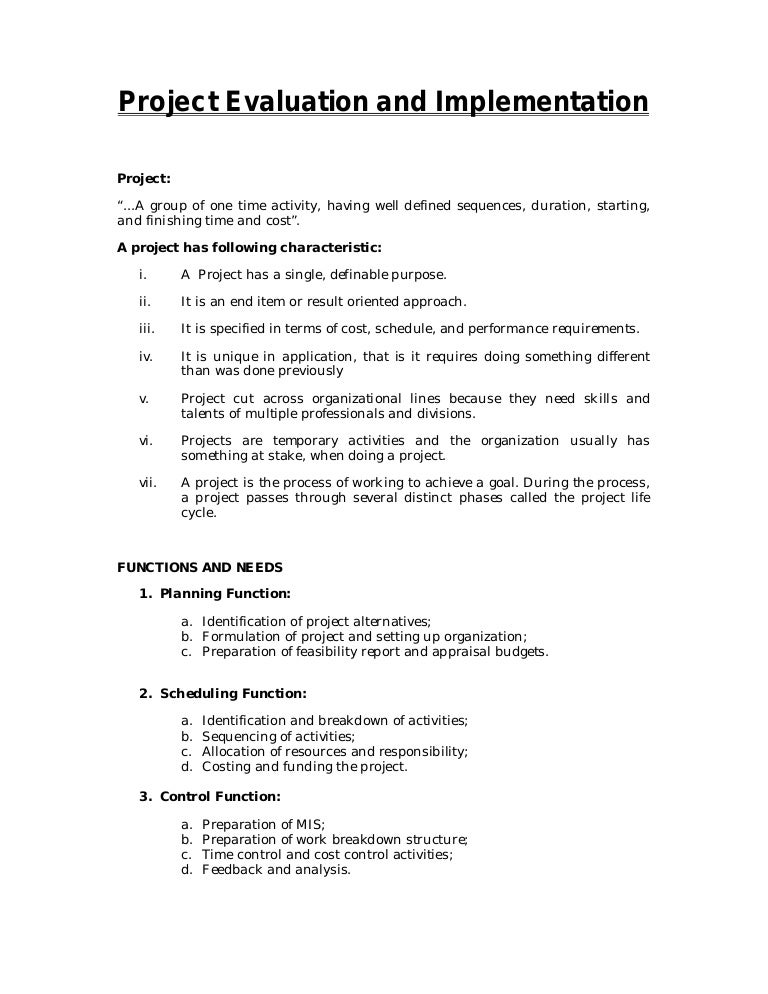 Project evaluation and implementation notes and questions Project evaluation and implementation notes and questions