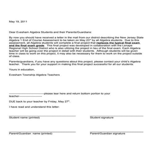 Project letter for parents evesham | DOC