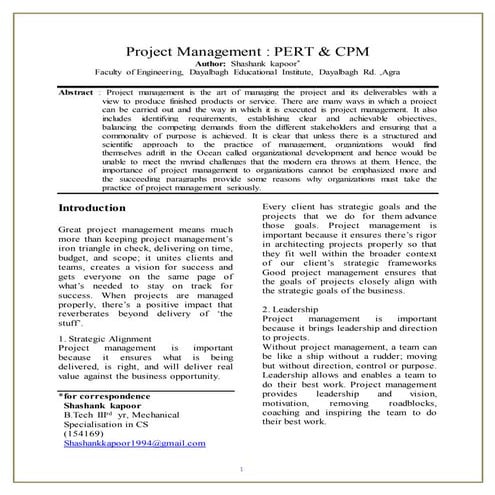 Project management : Pert and Cpm | DOCX