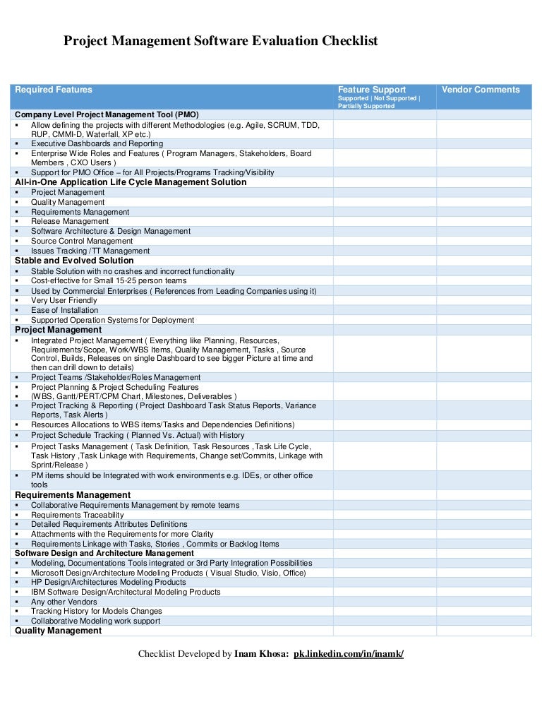 Project management software requirement checklist