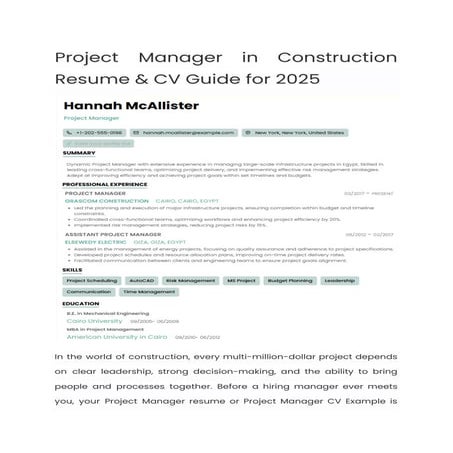 Project Manager in Construction Resume & CV Guide for 2025 | PDF