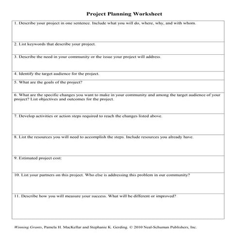 Winning Grants: Project Planning Worksheet | DOC
