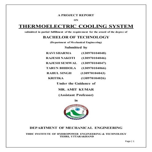 Project report on thermo electric cooling system | DOCX