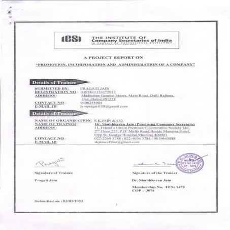 PROJECT REPORT on Promotion, Incorporation, and Administration of ...