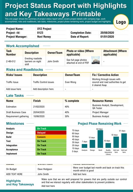 Project Status Summary One Pager Report Presentation Report Infographic ...