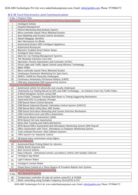 Electronics Projects List for Engineering Students | PPT