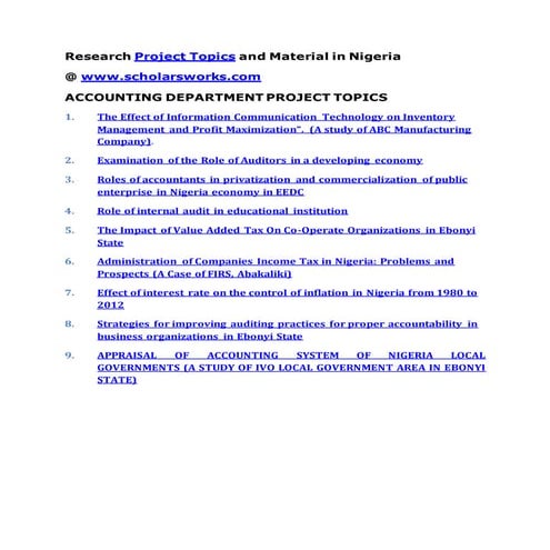 Research Project Topics and Material in Nigeria @ www.scholarsworks.com