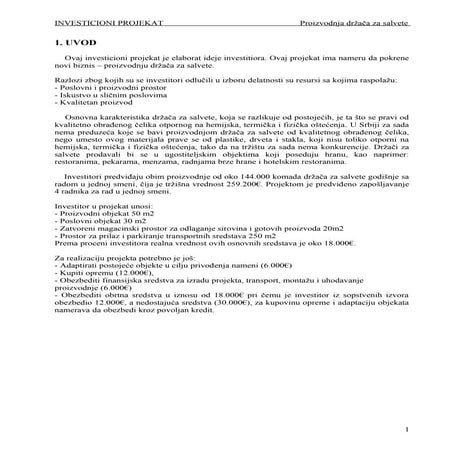 Projekat proizvodnje drzaca za salvete upravljanje investicionim ...