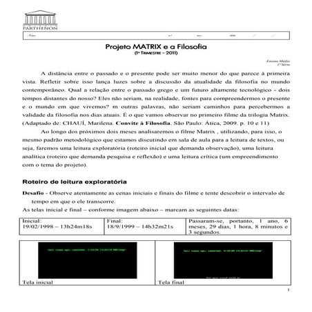 Projeto Matrix e a Filosofia - Roteiro para leitura exploratória - padrão de resposta1 | PDF