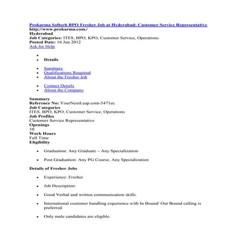 Prokarma softech bpo fresher job at hyderabad | DOCX