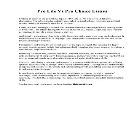 Pro Life Vs Pro Choice Essays. University of Toledo | PDF