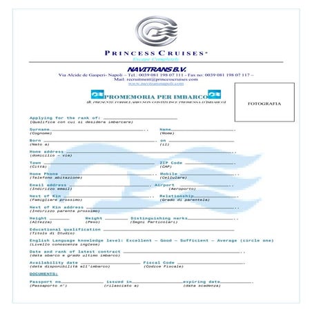 Promemoria imbarco princess cruise | PDF