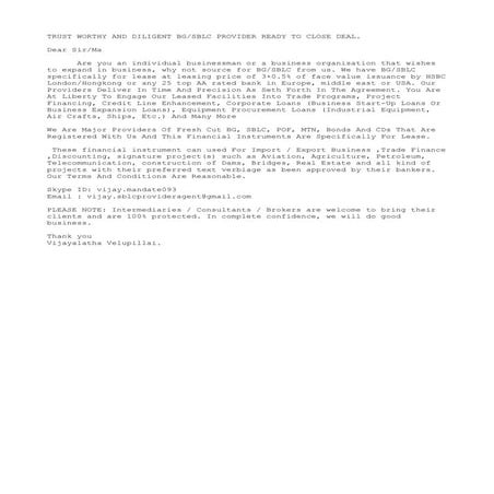 TRUST WORTHY AND DILIGENT BG/SBLC PROVIDER READY TO CLOSE DEAL. | TXT ...