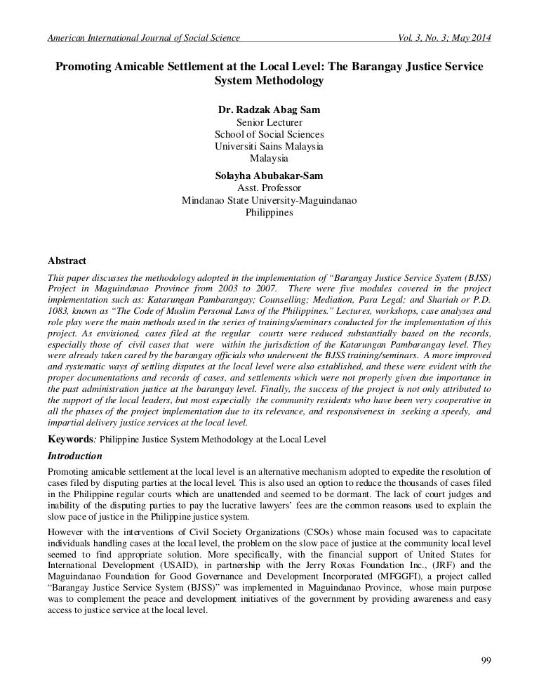 Promoting amicable settlement at the local level the barangay justice…