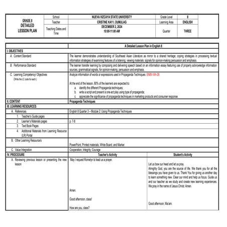 PROPAGANDA techniques grade 8 lesson plan English | DOCX